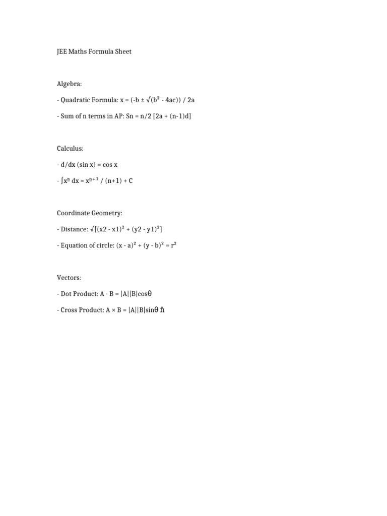 JEE Maths Formula Sheet | PDF
