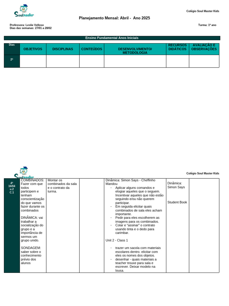 2o Ano Inglês - Planejamento Mensal 2025 | PDF