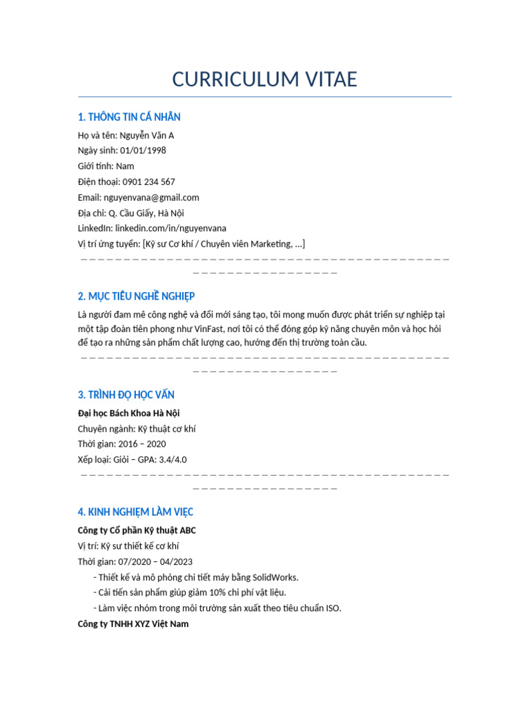 CV Dep UngTuyen VinFast | PDF