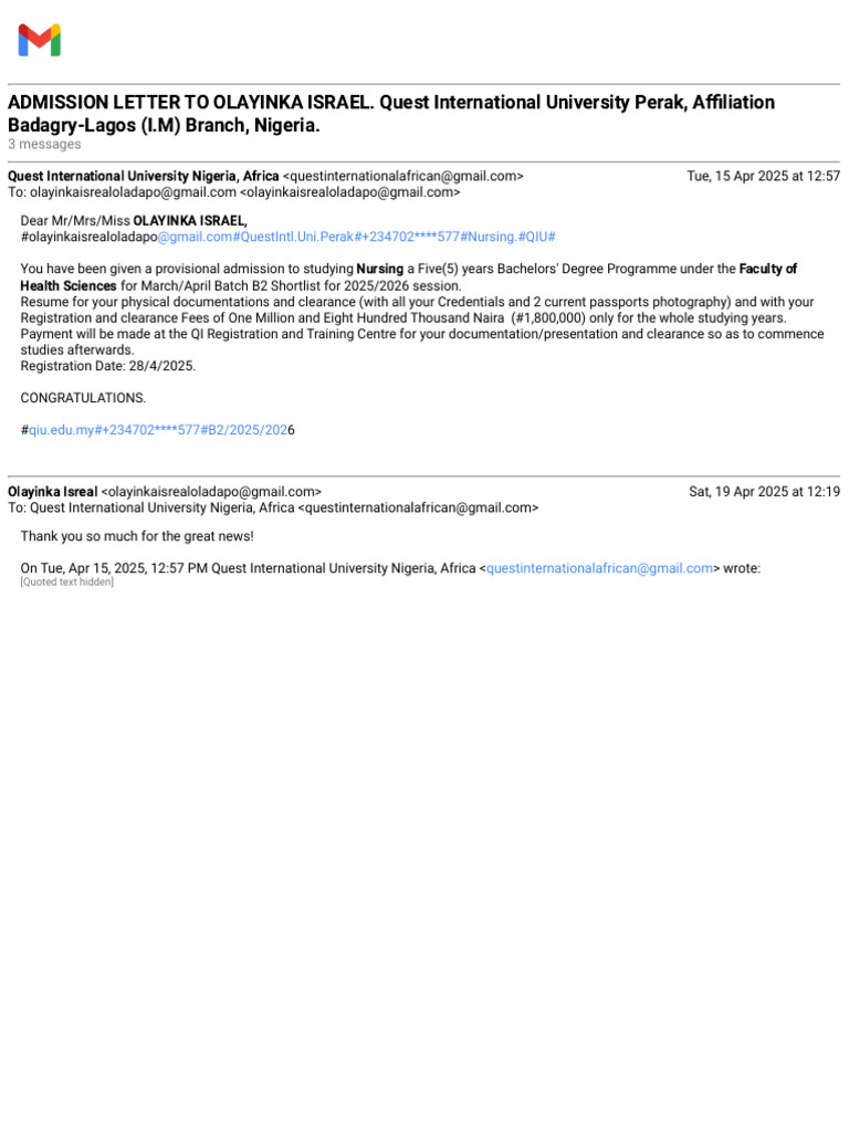 Gmail - ADMISSION LETTER To OLAYINKA ISRAEL. Quest International University Perak, Affiliation ...