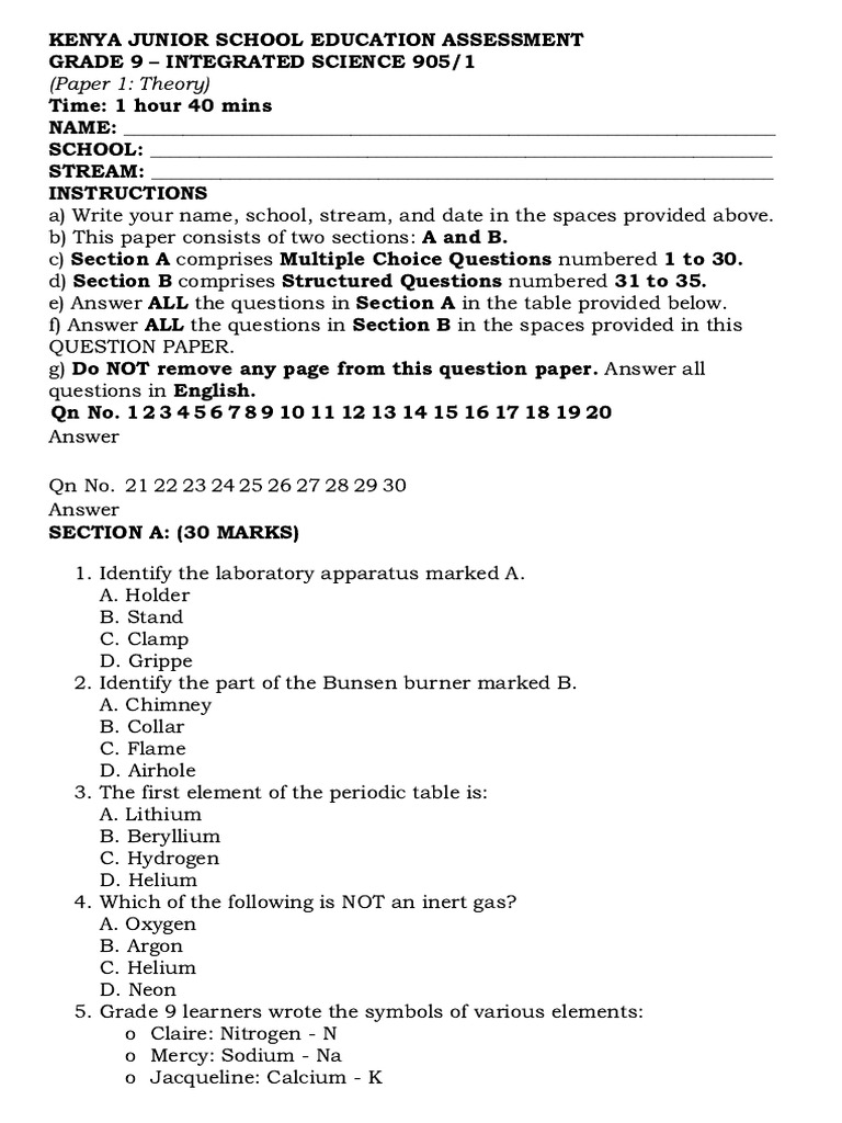 Grade 9 Int Science PP1 Homework | PDF | Chemical Elements | Digestion