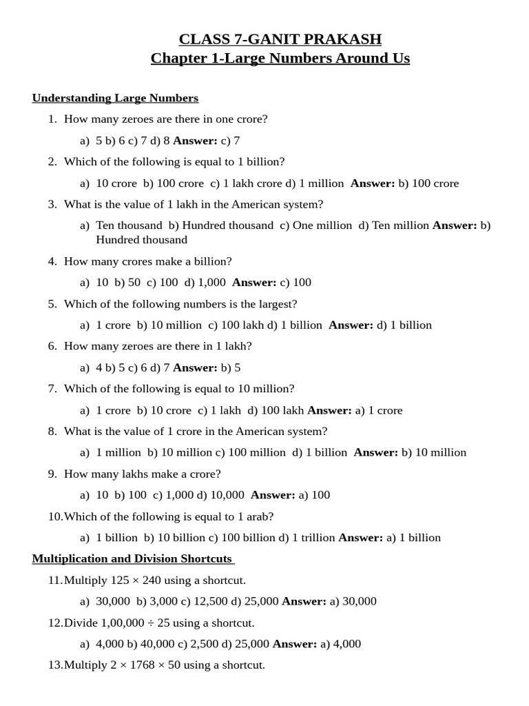 Class 7 Large Numbers Worksheet | PDF | Multiplication