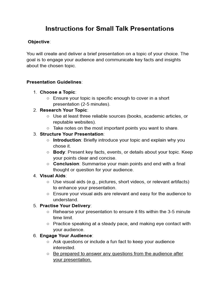 Instructions for Small Talk Presentations | PDF | Cognitive Science ...