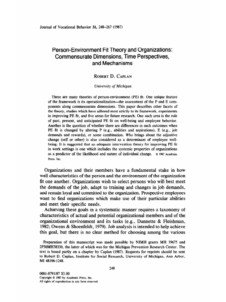 Person-Environment Fit Theory and Organizations1 | PDF