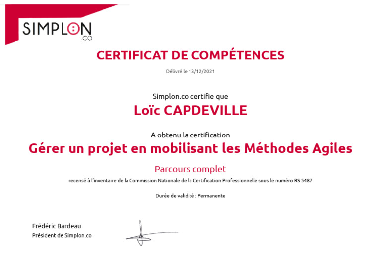 Certificat de compétences Agile - Loïc Capdeville | PDF