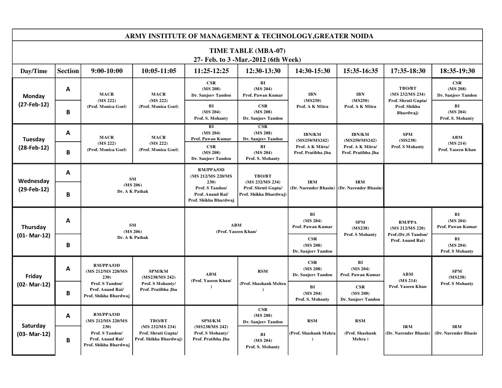 MBA-07 Weekly Class Schedule | PDF | Wellness | Science & Mathematics