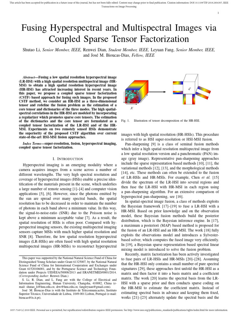 Fusing Hyperspectral and Multispectral Images Via Coupled Sparse Tensor Factorization-Dian ...
