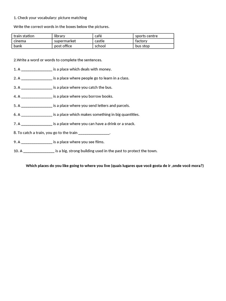 Vocabulary Exercise: Places in Town | PDF