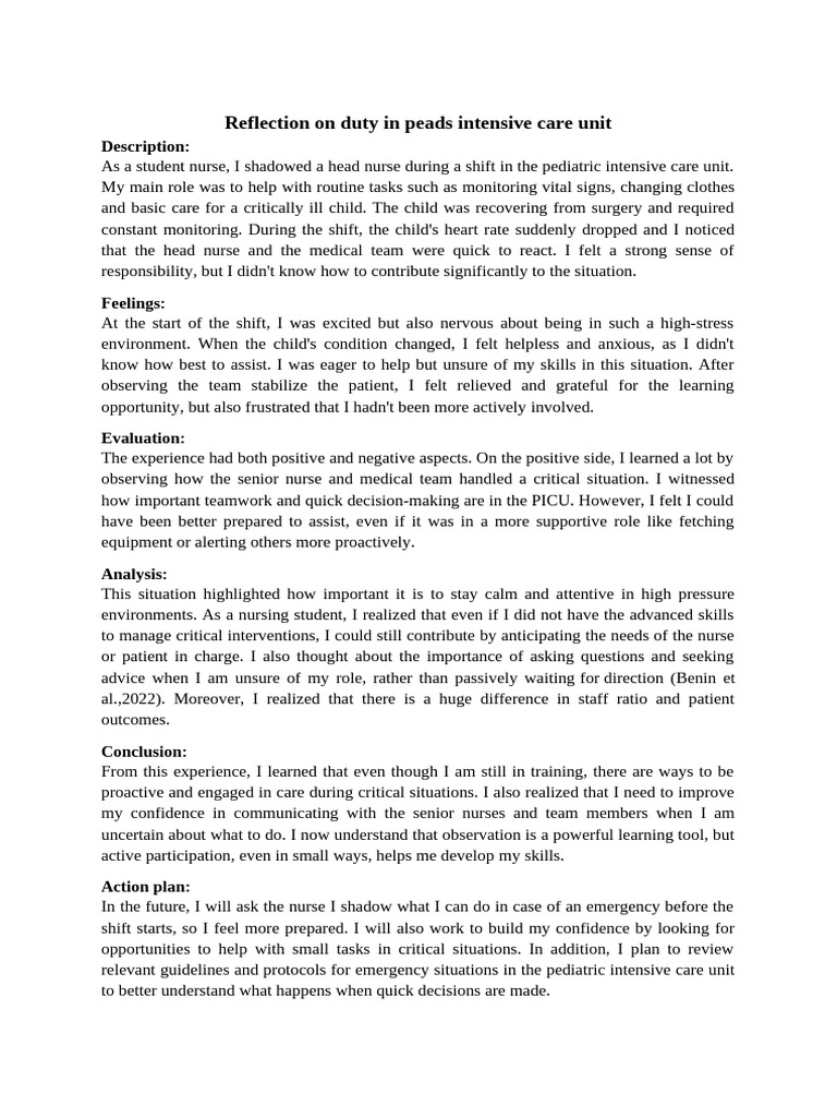 Reflection On Duty in Peads Intensive Care Unit | PDF | Nursing | Health Care