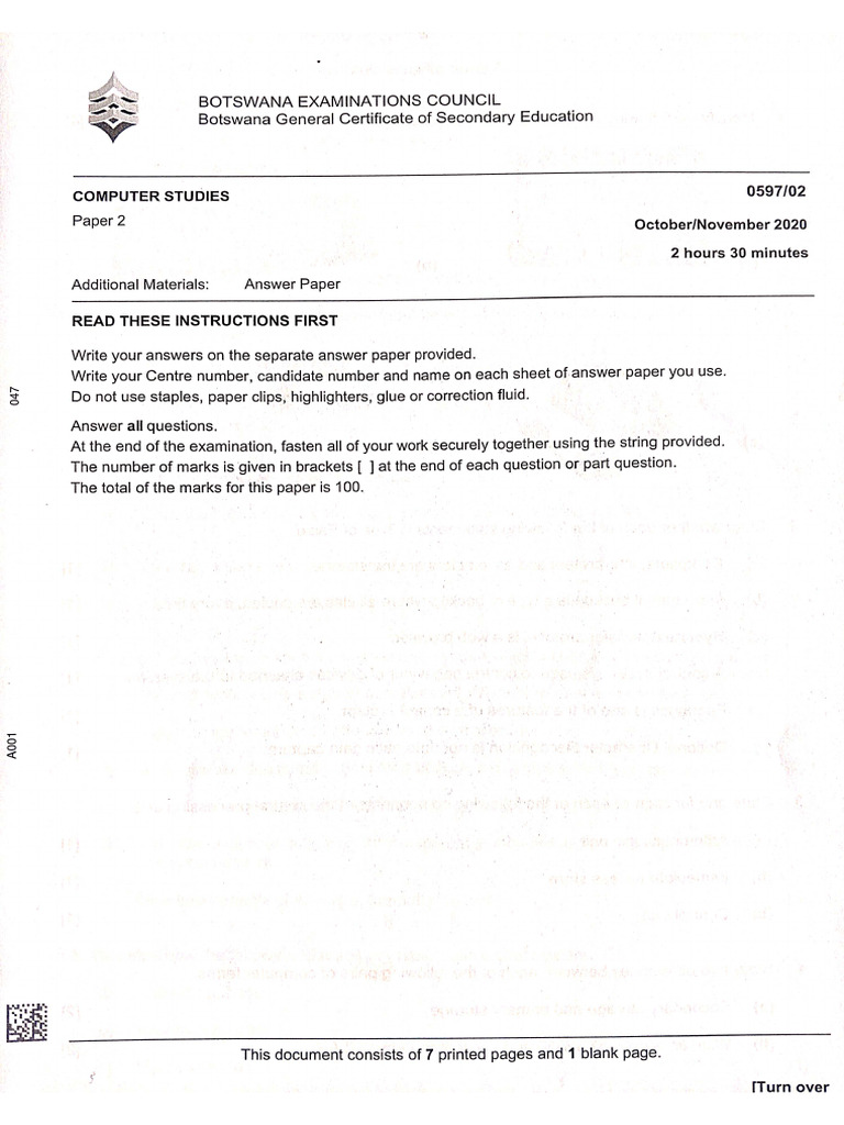 Computer Studies Pp2 - BGCSE 2020 | PDF