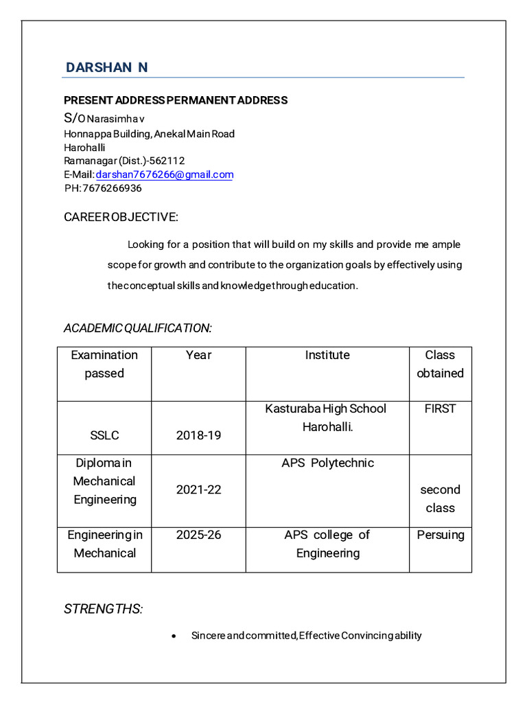 Mechanical Engineering Resume of Darshan N | PDF