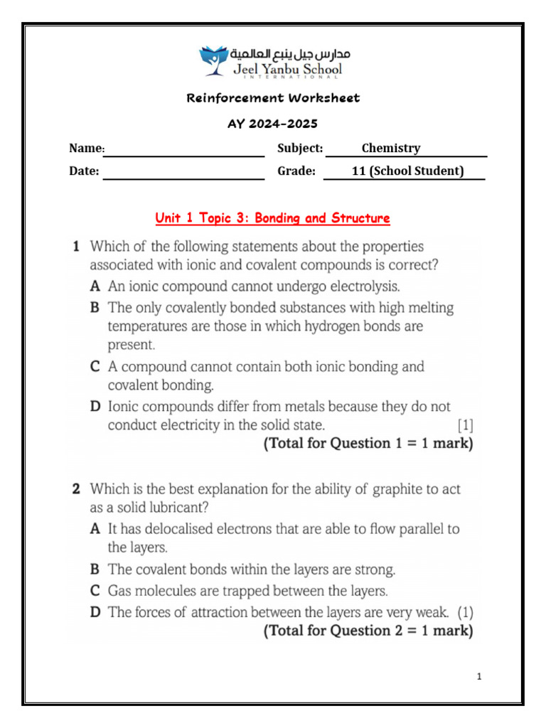 Chemistry Reinforcement Worksheet | PDF