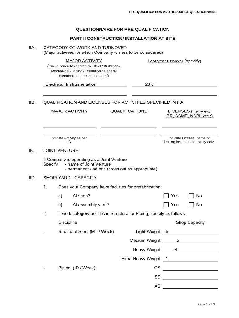 Pre-Qualification Questionnaire for Construction | PDF | Mechanical ...