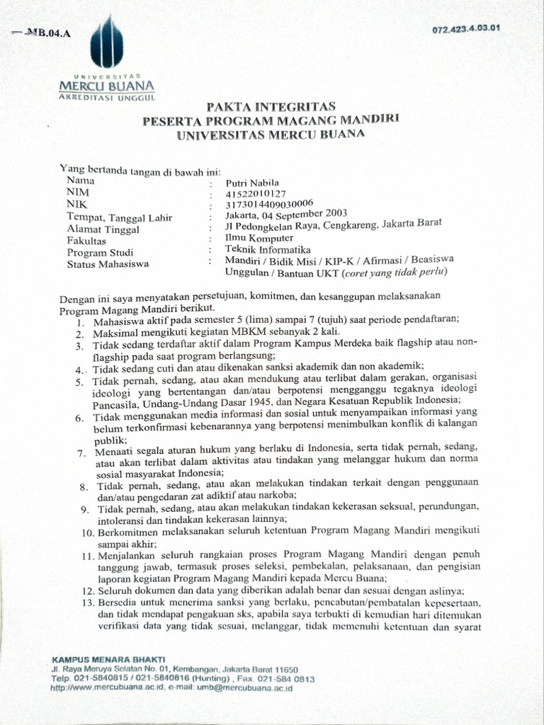 Pakta Integritas Magang Mandiri Putri Nabila | PDF