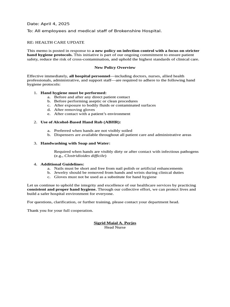 MEMO To Hospital | PDF