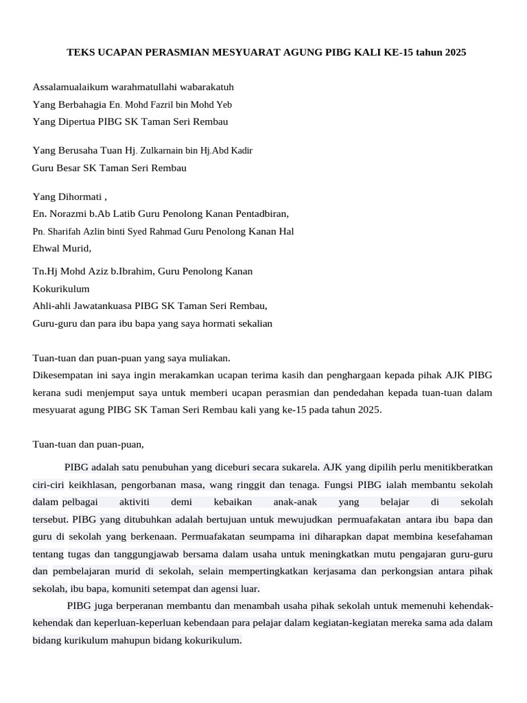 Teks Ucapan Perasmian Mesy - Agung Pibg Kali Ke-15 Tahun 2025 | PDF