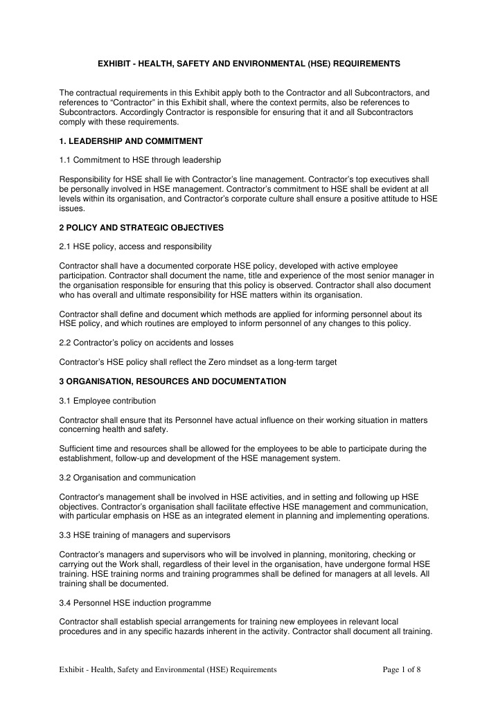 Exhibit - Health, Safety And Environmental (Hse) Requirements | General ...