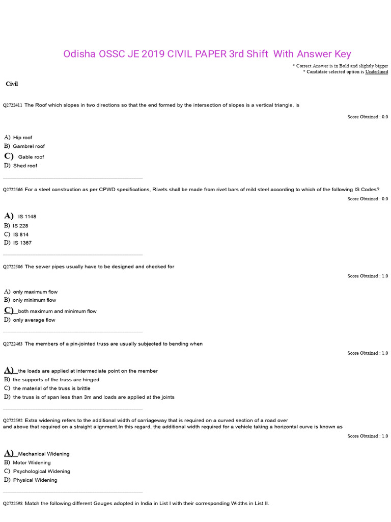 OSSC JE 2019 Civil Question Paper | PDF | Stairs | Pressure