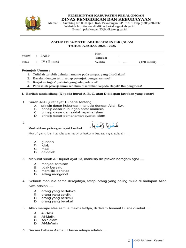 Soal - ASAS - PAI Kelas - IV | PDF