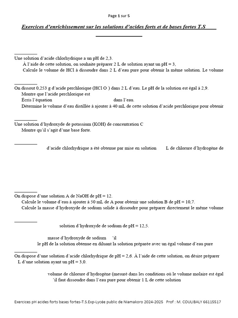 Exercices pH : Acides et Bases Fortes | PDF | Ph | Hydroxyde de sodium