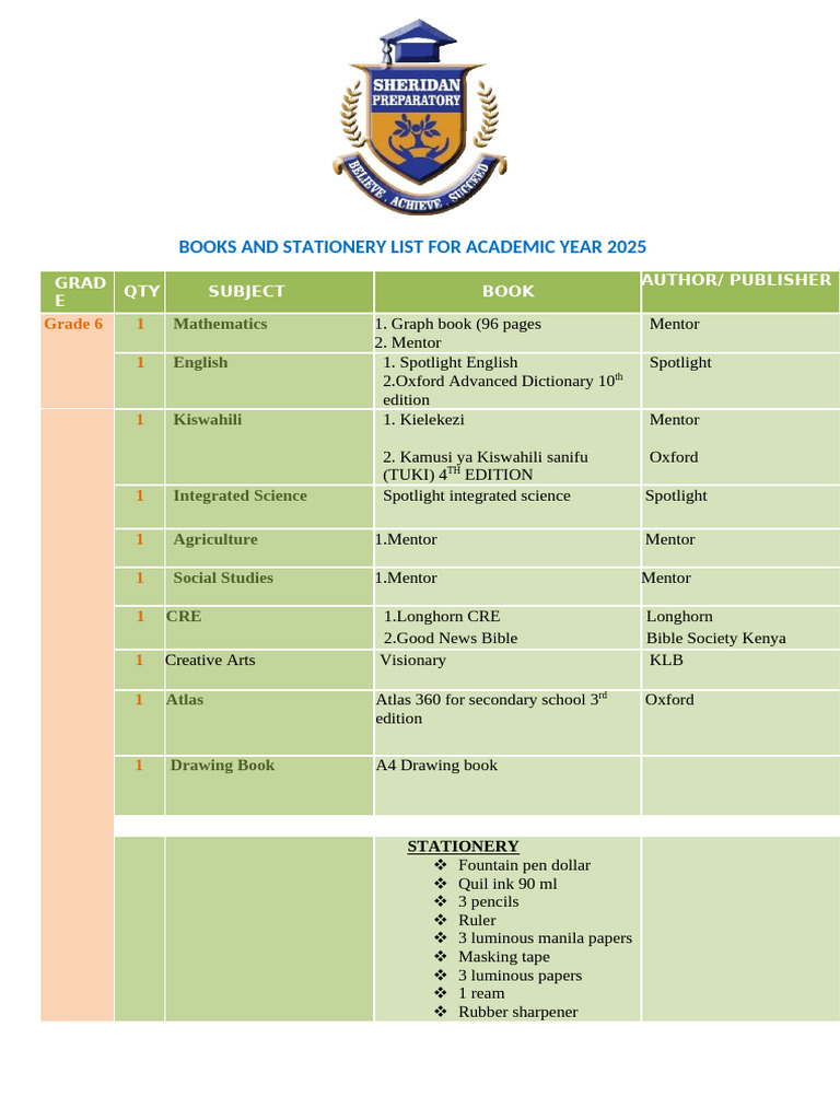 Grade 6 Books and Stationery List 2025 | PDF