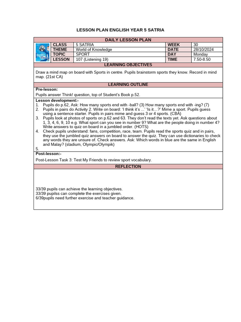 Year 5 English Lesson Plan: Sports | PDF