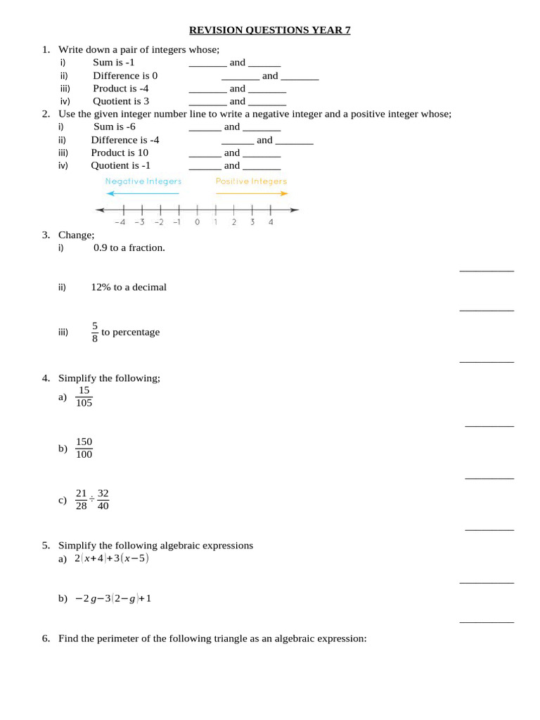 Revision Questions Year 7 | PDF | Area | Numbers