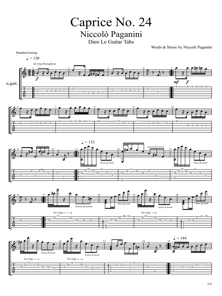 Niccolò Paganini - Caprice No. 24 - Guitar Tabs | PDF | Compositions