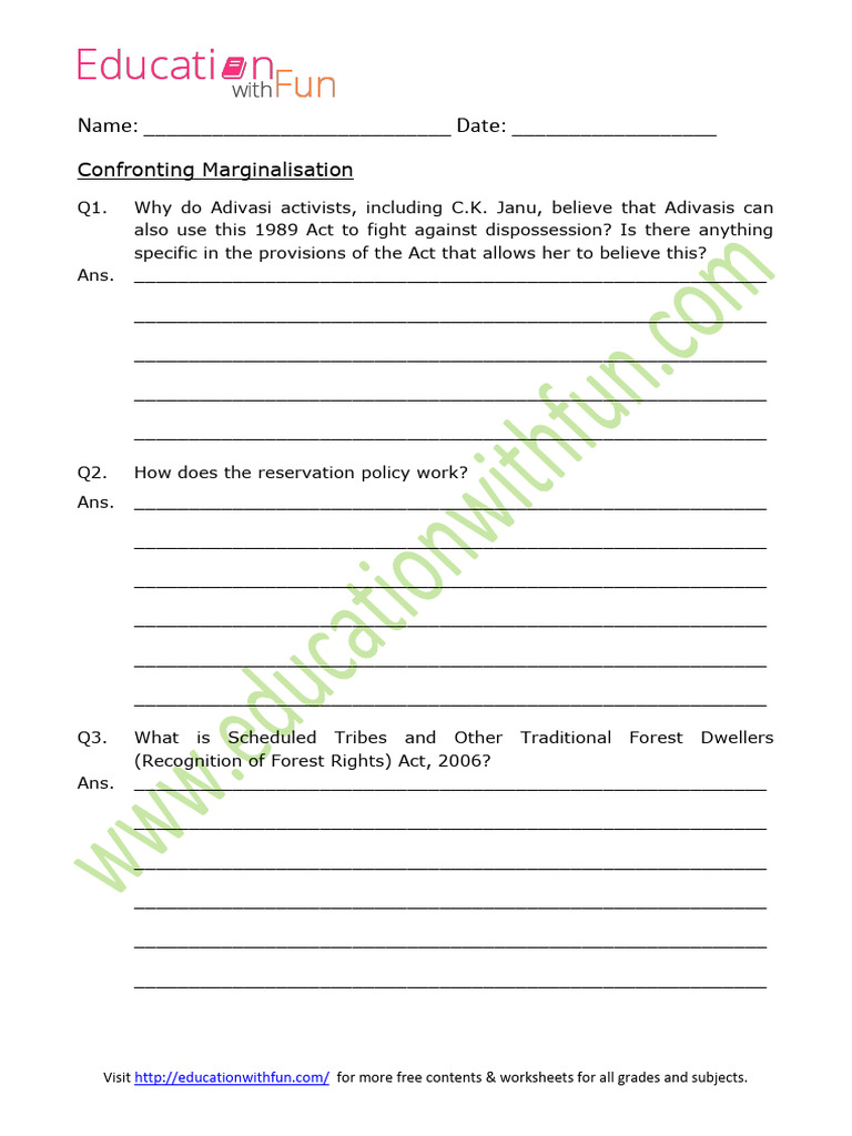 Confronting Marginalisation Worksheet 5 | PDF | Government Of India ...