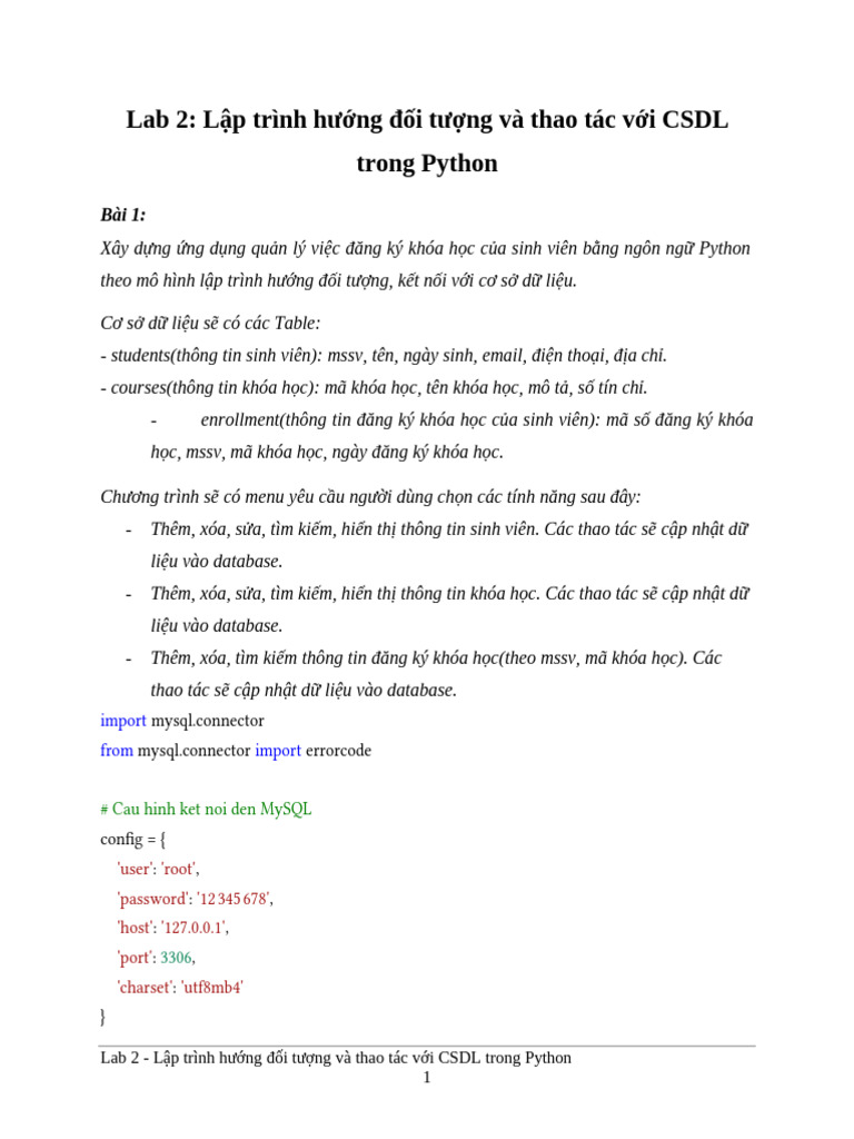 Lab 2 - Lập Trình Hướng Đối Tượng Và Thao Tác Với CSDL Trong Python | PDF