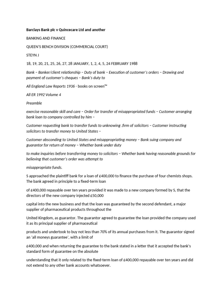 Barclays Bank PLC V Quincecare LTD and Another | PDF | Banks | Common Law