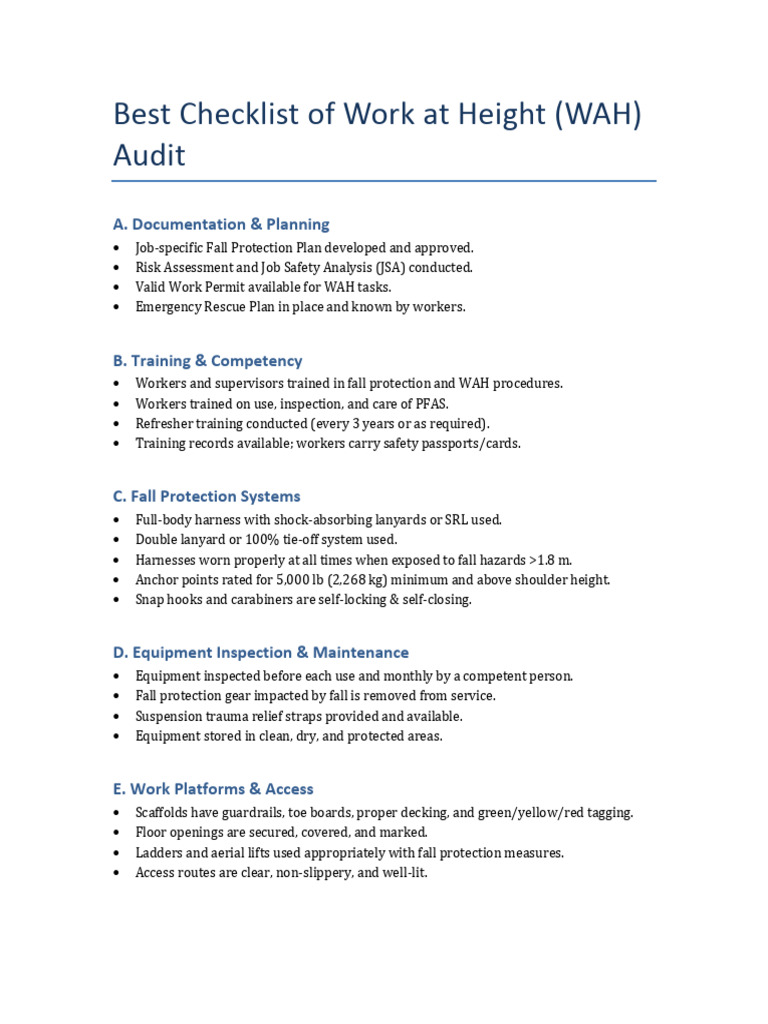 Work at Height Safety Audit Checklist | PDF