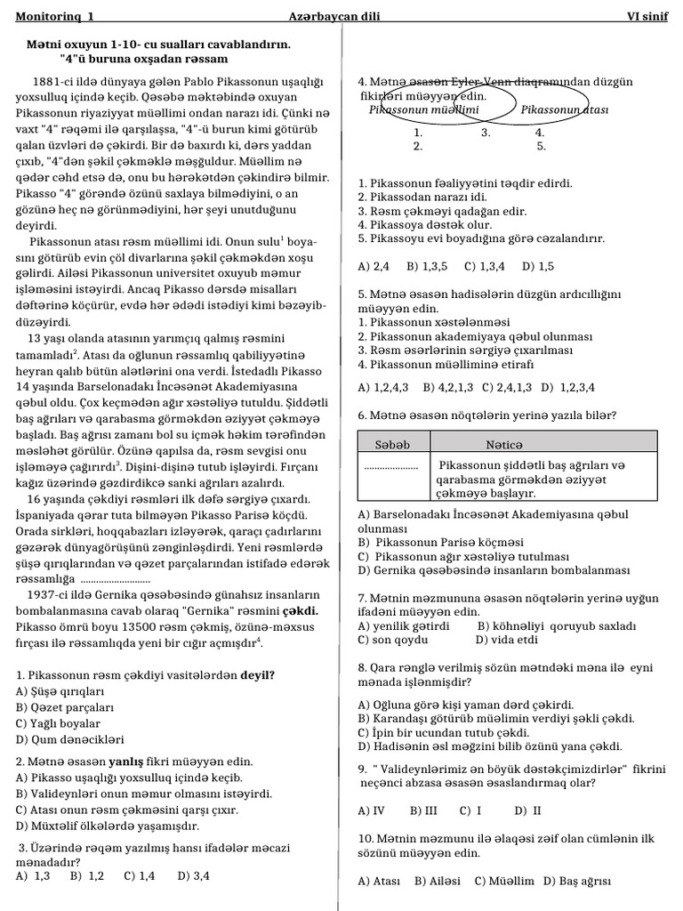 6-Cı Sinif Azərbaycan Dili Monitorinq 1 Yeni 2025 | PDF