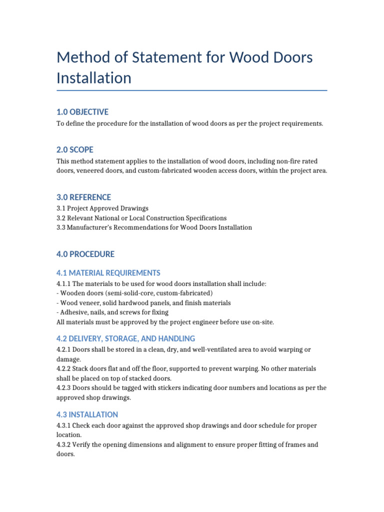 Wood Door Installation Method Statement | PDF | Door | Wood