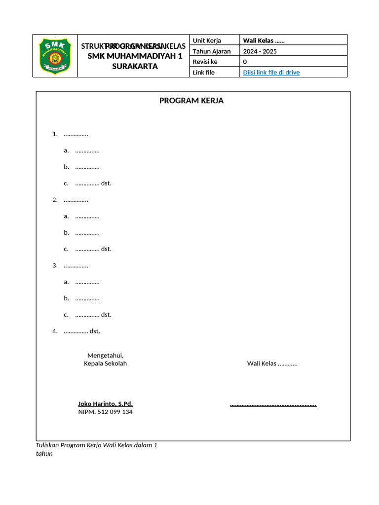 Form Program Kerja Wali Kelas | PDF