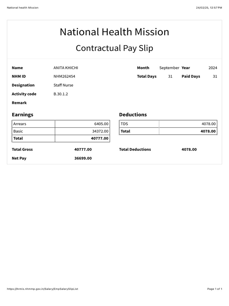 NHM Contractual Pay Slip for Anita Khichi | PDF