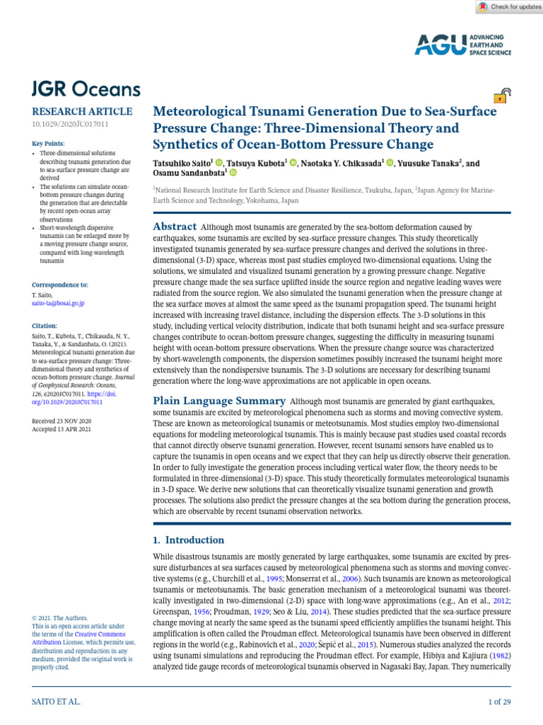 JGR Oceans - 2021 - Saito - Meteorological Tsunami Generation Due To ...