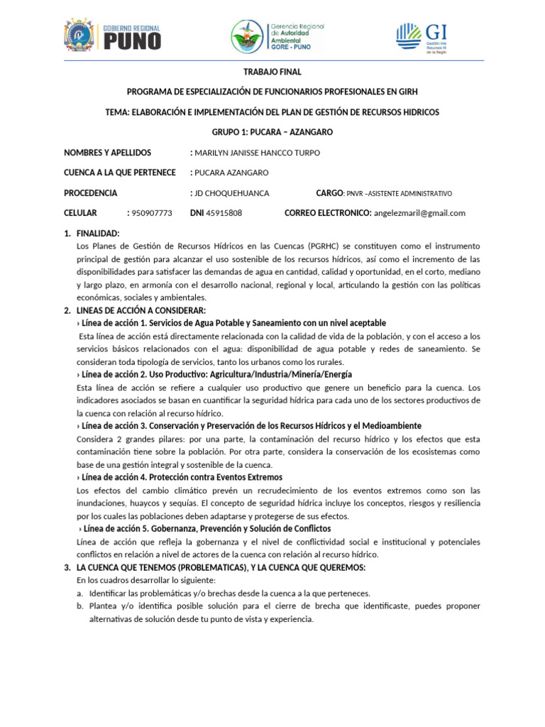 Grupo 1 Trabajo Final - Marilyn J. Hancco Turpo | PDF | Agua | Recursos hídricos