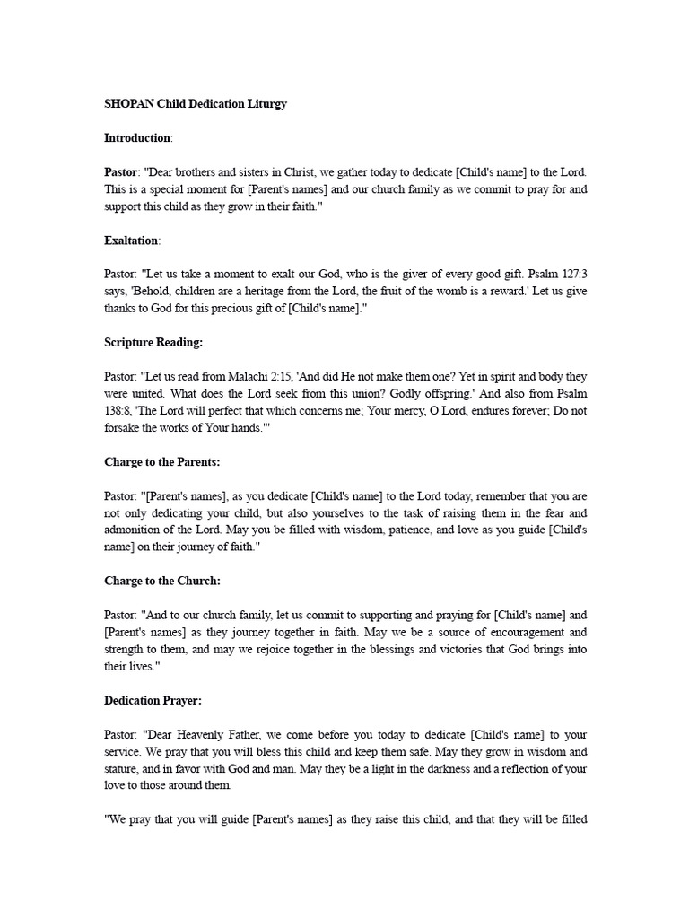 Child Dedication Liturgy | PDF | Prayer | Glory (Religion)