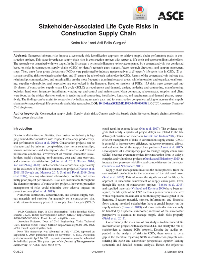 Stakeholder-Associated Life Cycle Risks in Construction Supply Chain ...