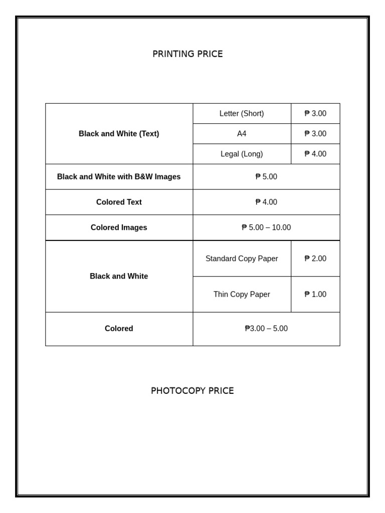 Photocopy and Printing Price List | PDF