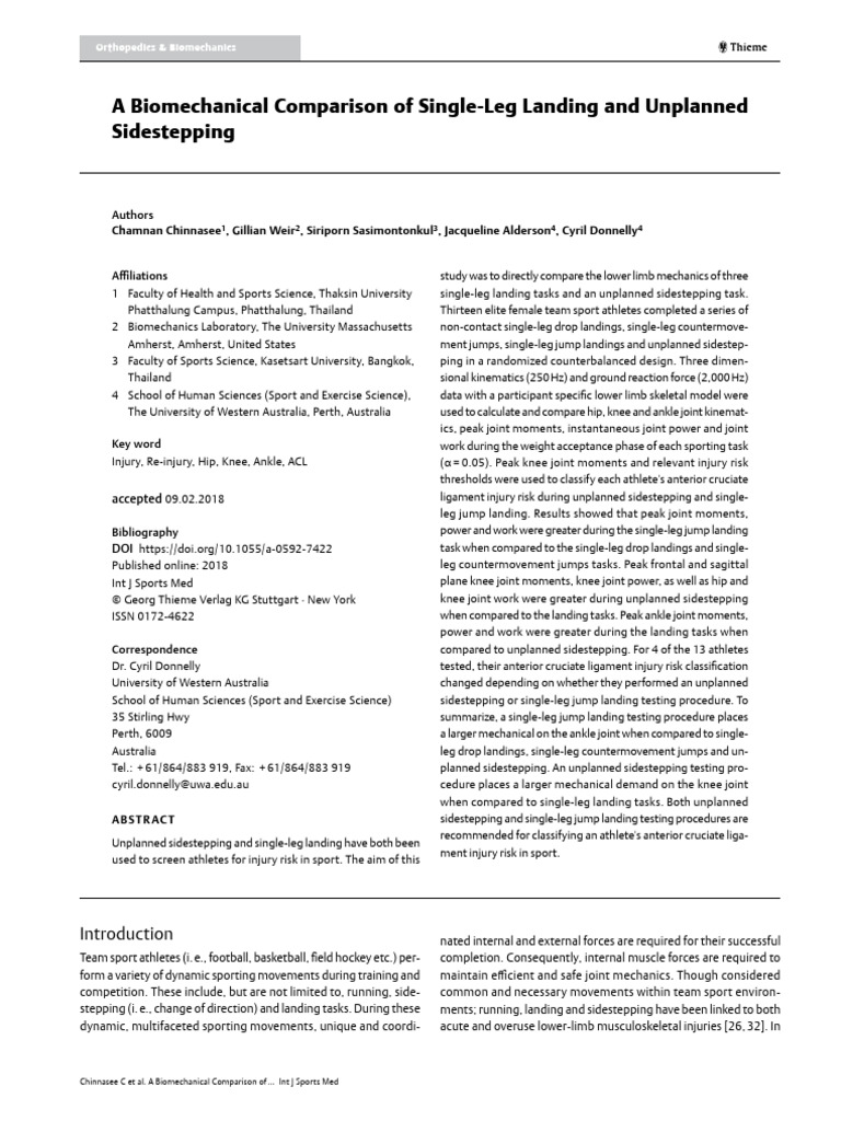 Biomechanical Comparison of Single-Leg Landing and Unplanned Sidestep ...