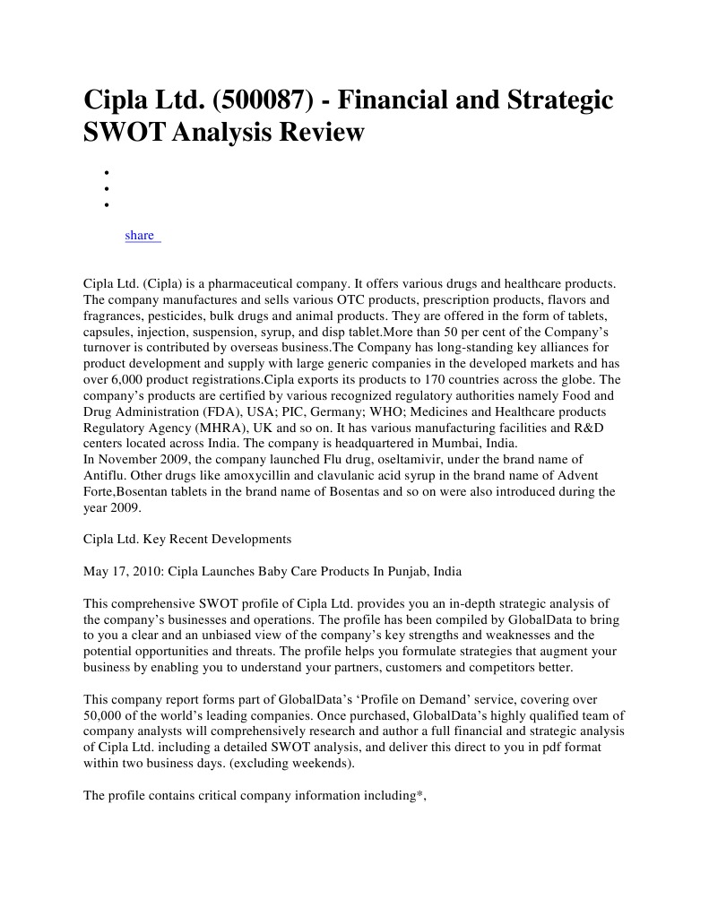 Cipla LTD | PDF | Strategic Management | Swot Analysis