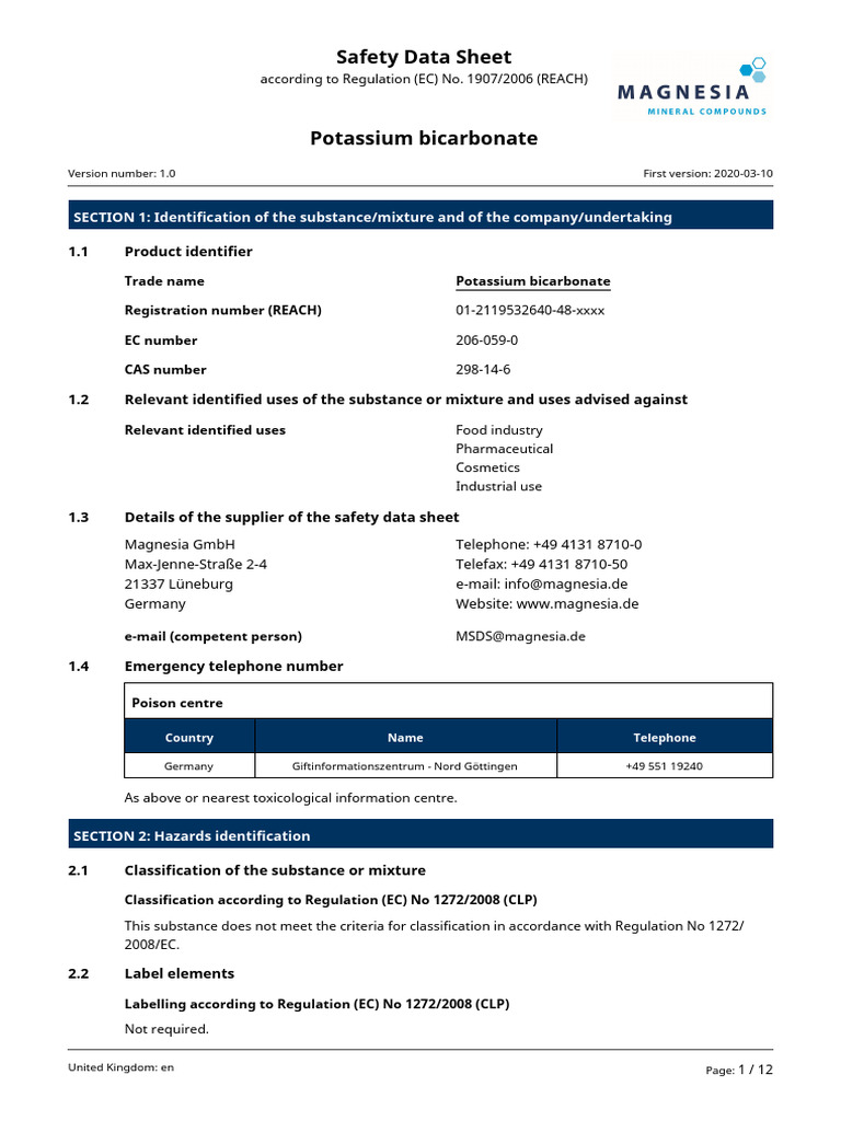 Potassium Bicarbonate Safety Data Sheet | PDF | Dangerous Goods | Toxicity