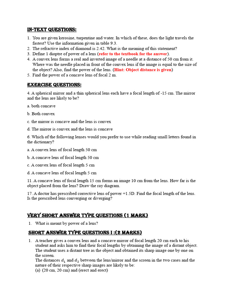 Chapter 9 Practice Questions On Refraction PART 2 | PDF ...