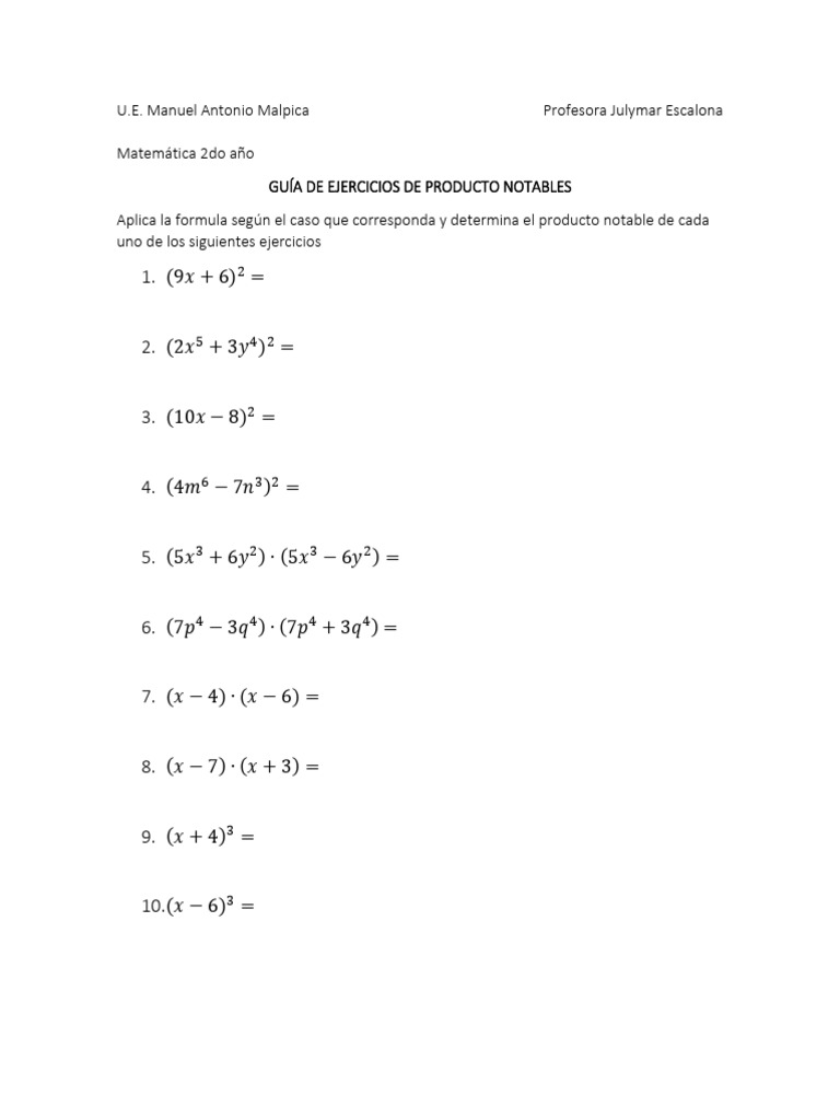 Guía de Ejercicios de Productos Notables | PDF
