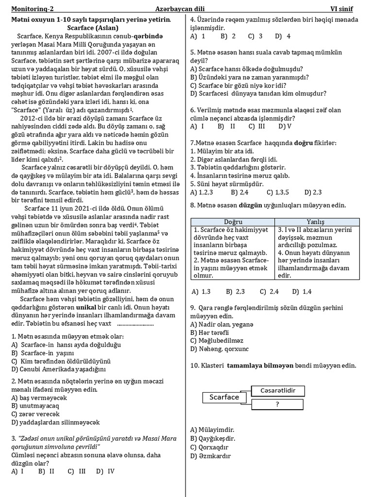 6-Cı Sinif Azərbaycan Dili Monitorinq 2 Yeni.2025 | PDF