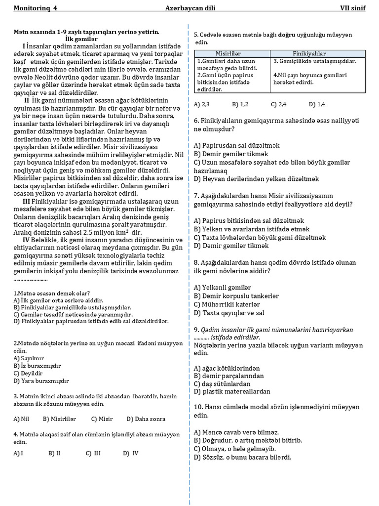 6-Ci Sinif Azərbaycan Dili Monitorinq 4 Yeni 2025 | PDF