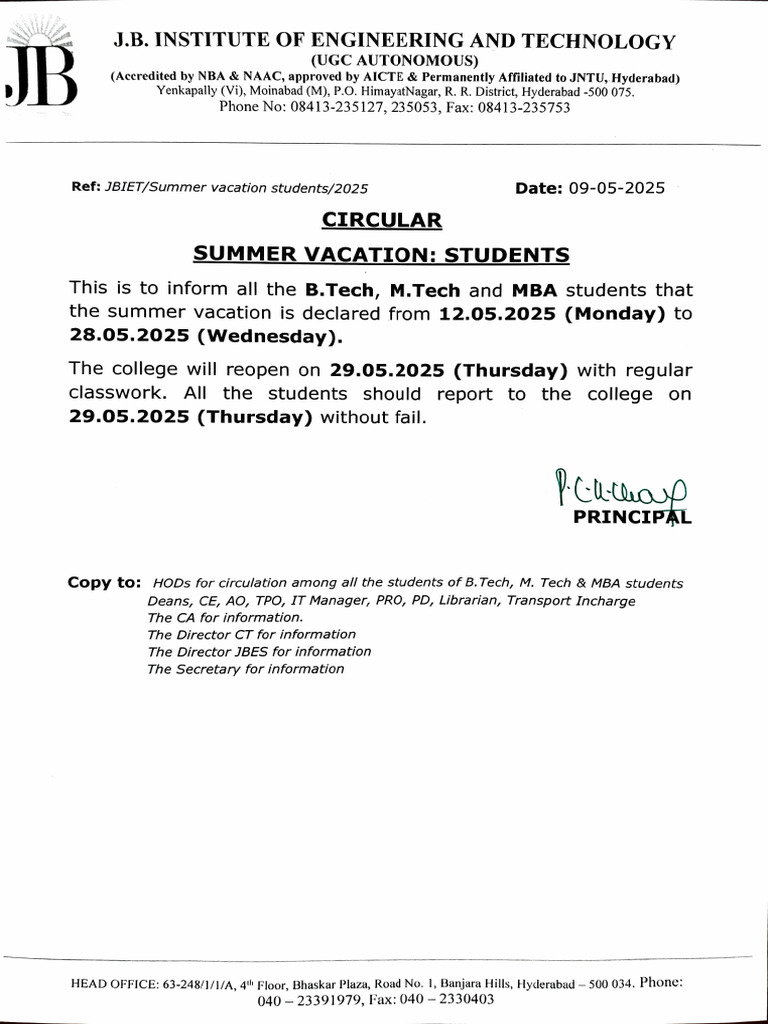 JBIET Summer Vacation Dates 2025 | PDF
