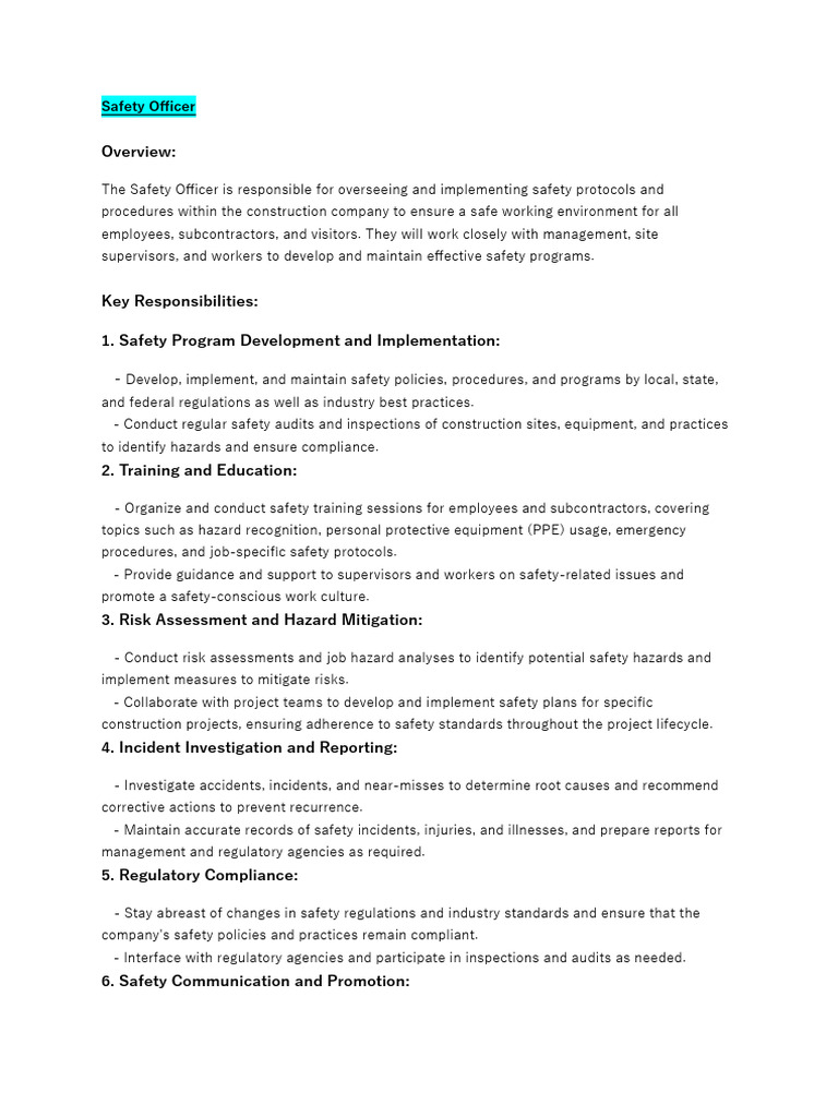 HSE - Job Description - Takenaka India | PDF | Safety | Occupational ...